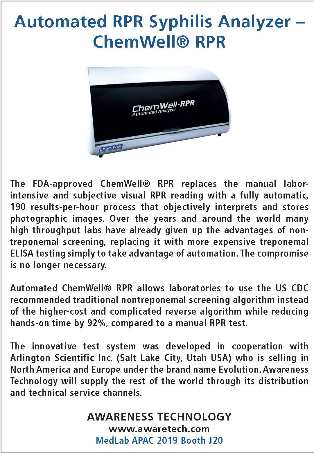 Automated RPR Syphilis Analyzer – ChemWell® RPR - Clinical Laboratory int.